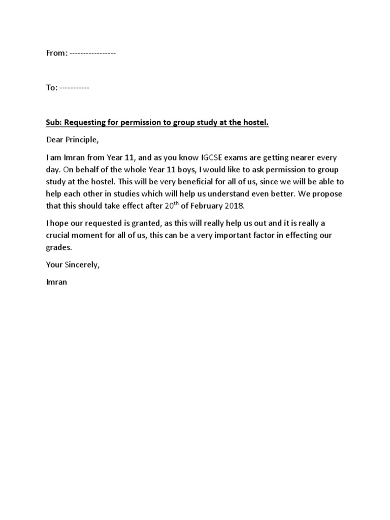 Sub: Requesting For Permission To Group Study at The Hostel | PDF