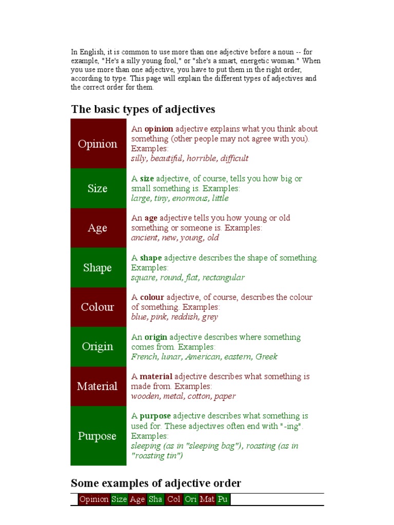 The Basic Types of Adjectives: Opinion | PDF | Adjective | Syntax