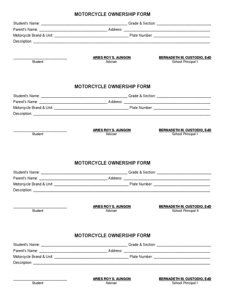 Motorcycle Ownership Form: Student Adviser School Principal I | PDF