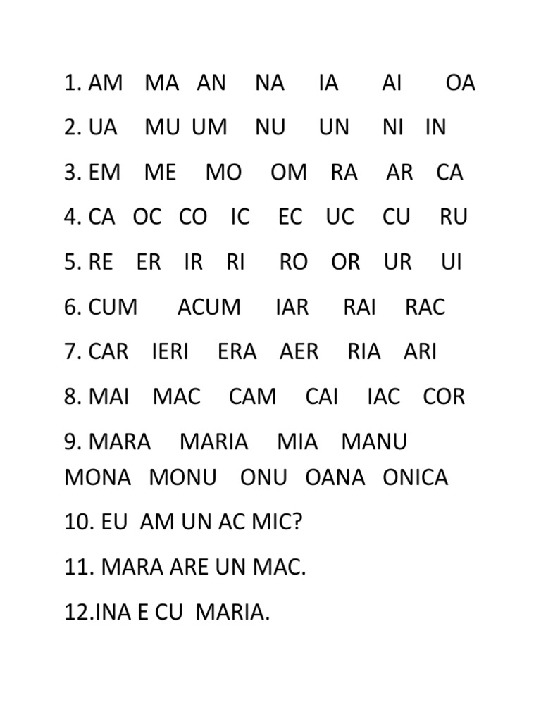 Fisa de Citit 1 (A, M, N, U, I, o E, R) | PDF