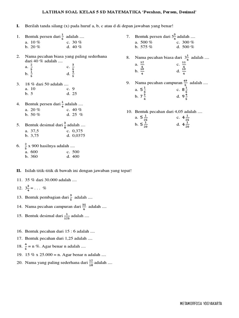 Ulangan Harian MTK 1 5 SD Pecahan Persen Desimal | PDF