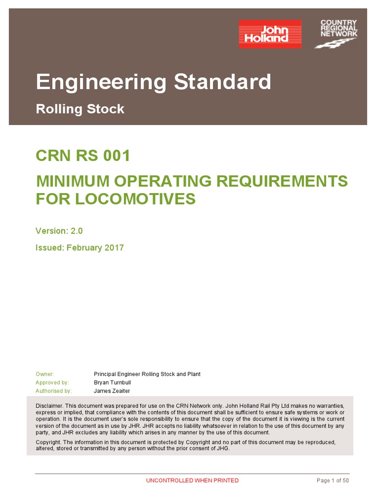 CRN Rs 001 v20 Minimum Operating Requirements For Locomotives | PDF ...