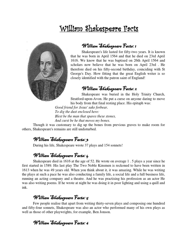 William Shakespeare Facts | PDF | William Shakespeare
