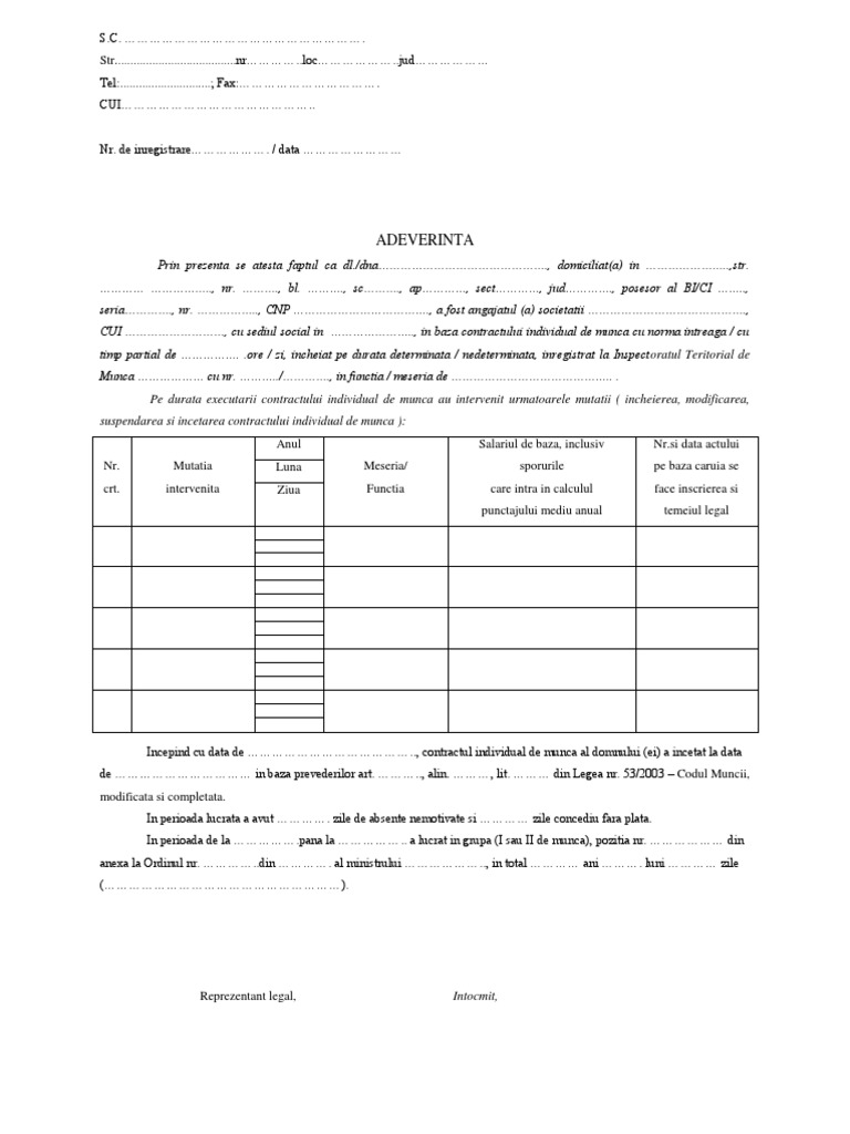 Model-adeverinta-de-vechime-Mediul-privat (Sursa WWW - Avocatnet PDF | PDF