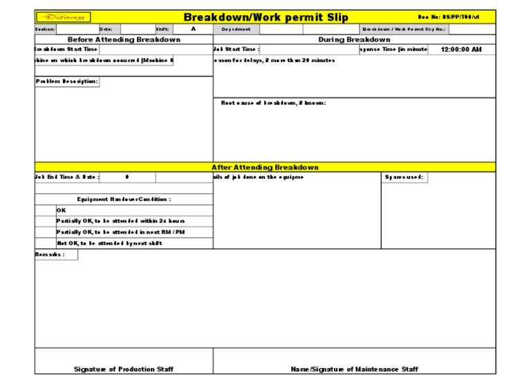 Breakdown Work Permit Slip Template | PDF