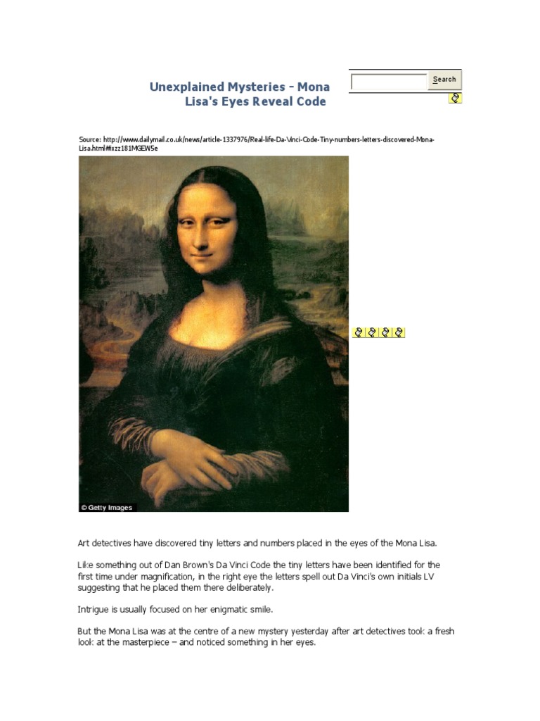 Unexplained Mysteries - Mona Lisa's Eyes Reveal Code | PDF ...