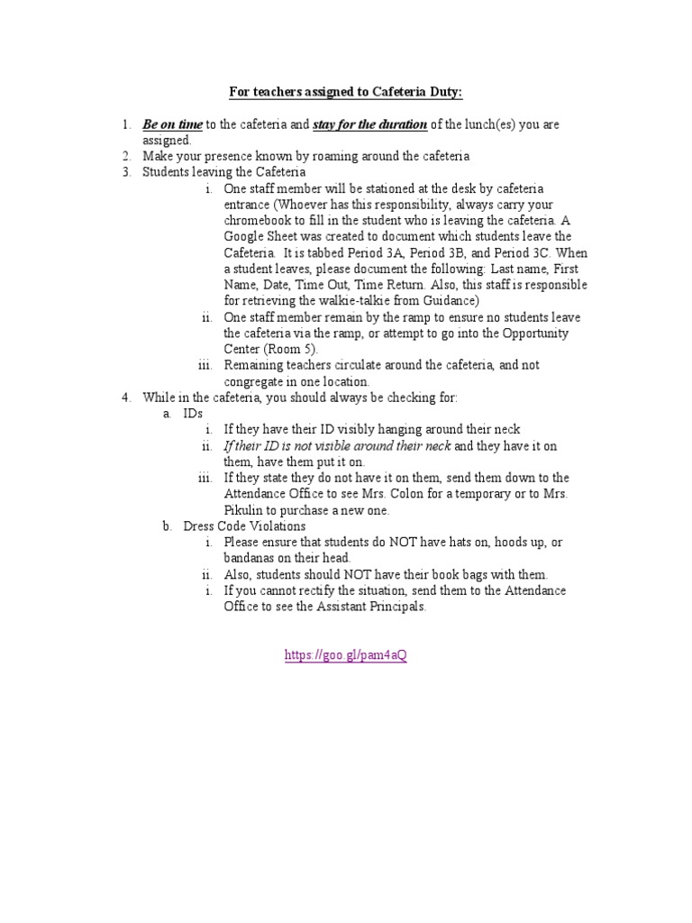 Cafeteria Duty Guidelines for Teachers | PDF