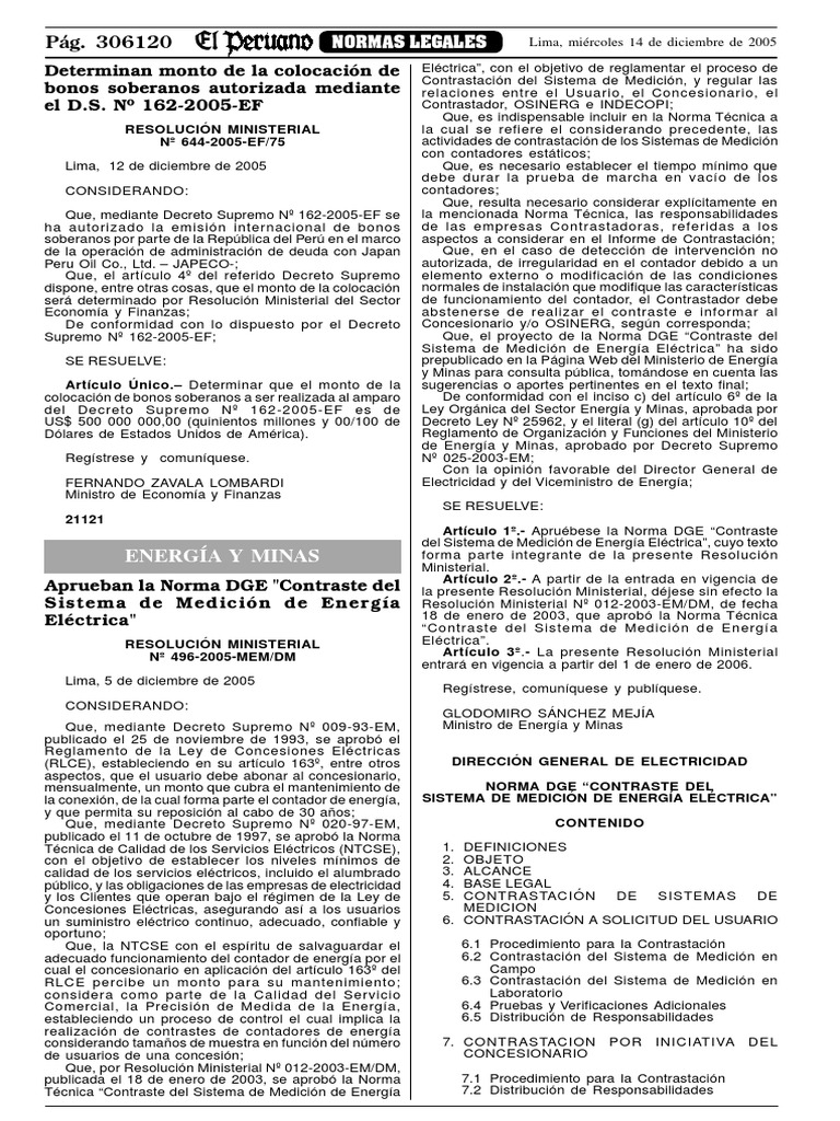 RM 496-2005 - Norma DGE Contraste de Sistema de Medicion de Energia Electrica | PDF | Medición ...