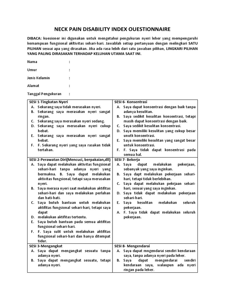 Neck Pain Disability Index Ouestionnaire | PDF