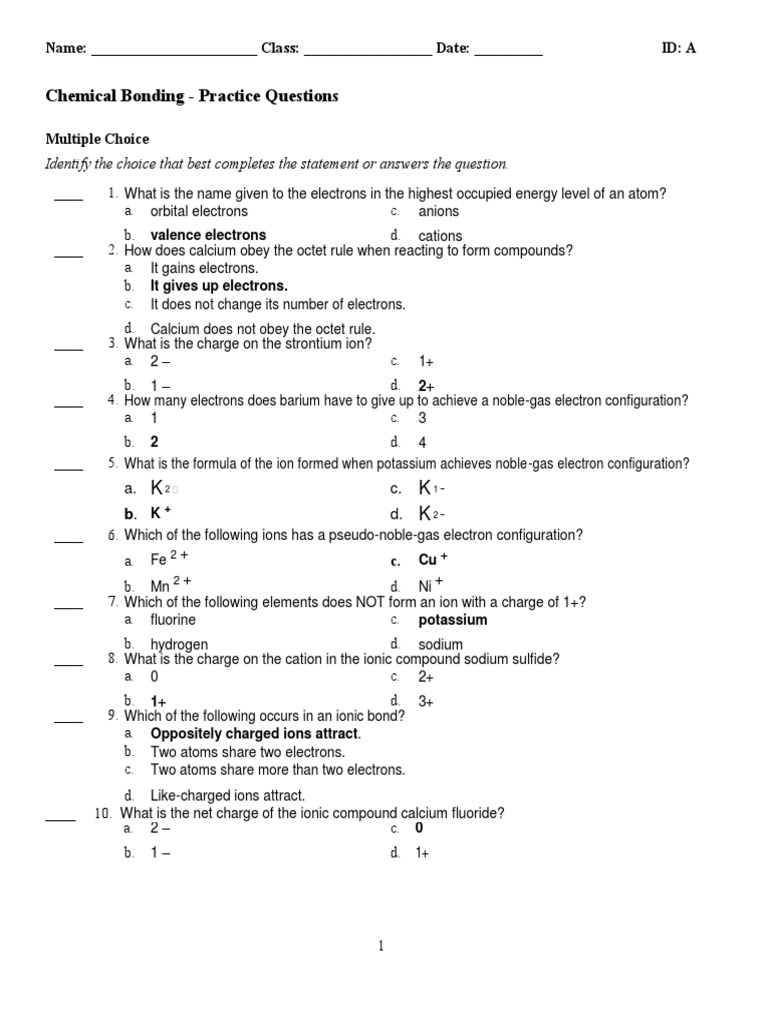 Chemical Bonding - Practice Questions: Identify The Choice That Best ...