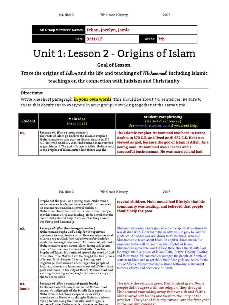 Unit 1 Lesson 2 - 7th Grade - Origins of Islam | PDF | Medina | Muhammad