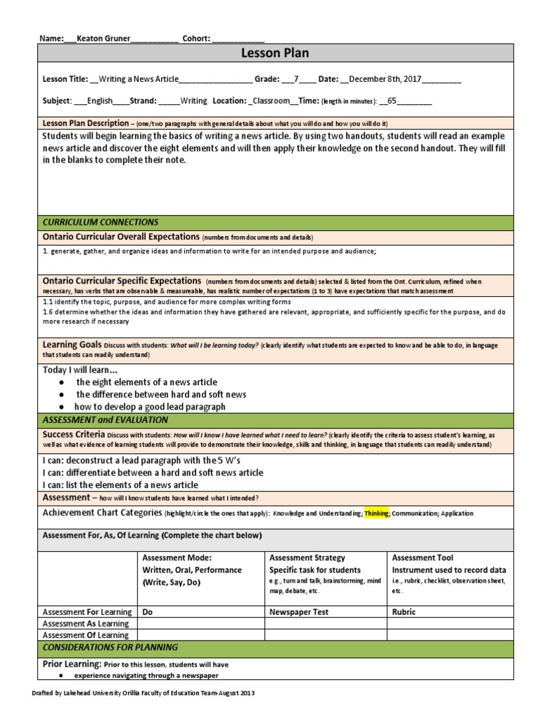 News Article Writing Lesson Plan | PDF | Educational Assessment ...