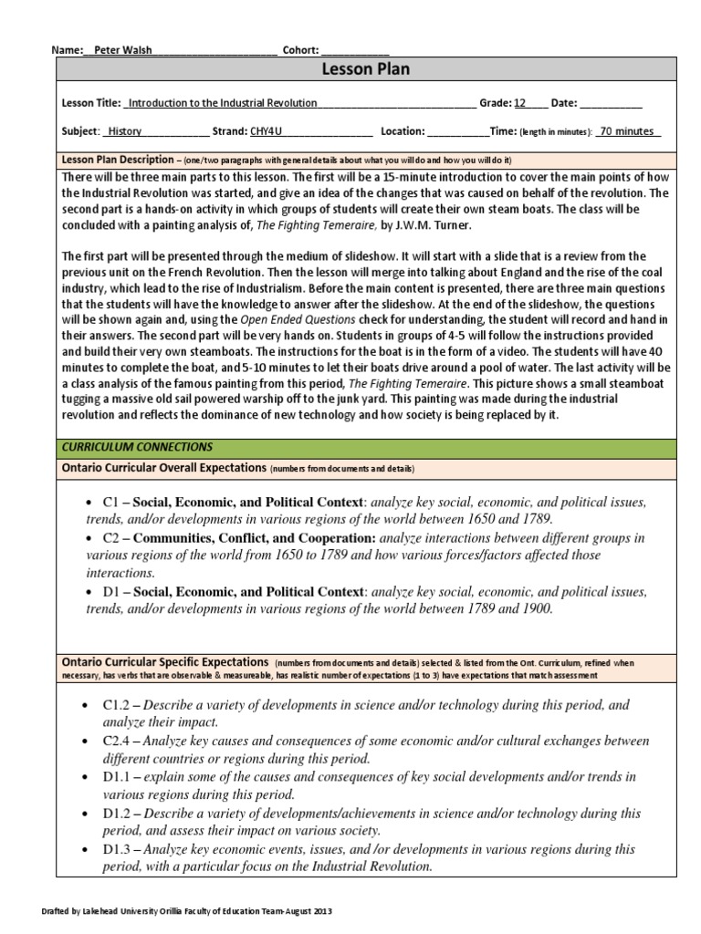 Grade 12 Industrial Revolution Lesson Plan | PDF | Educational ...