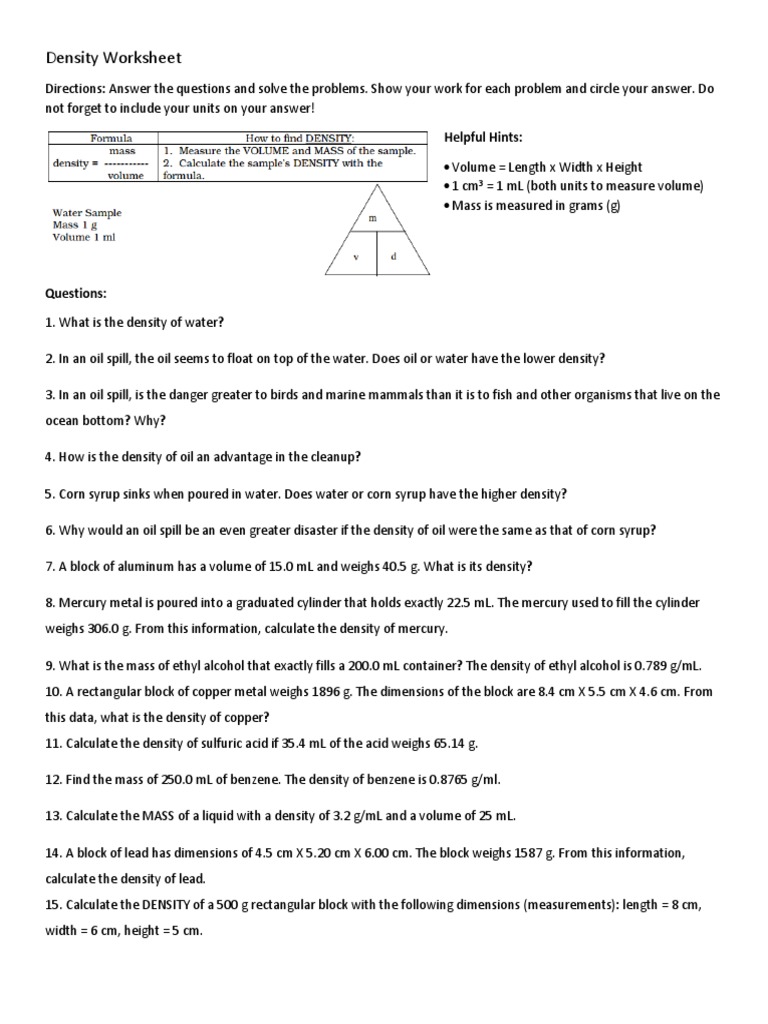 Density Worksheet Helpful Hints PDF