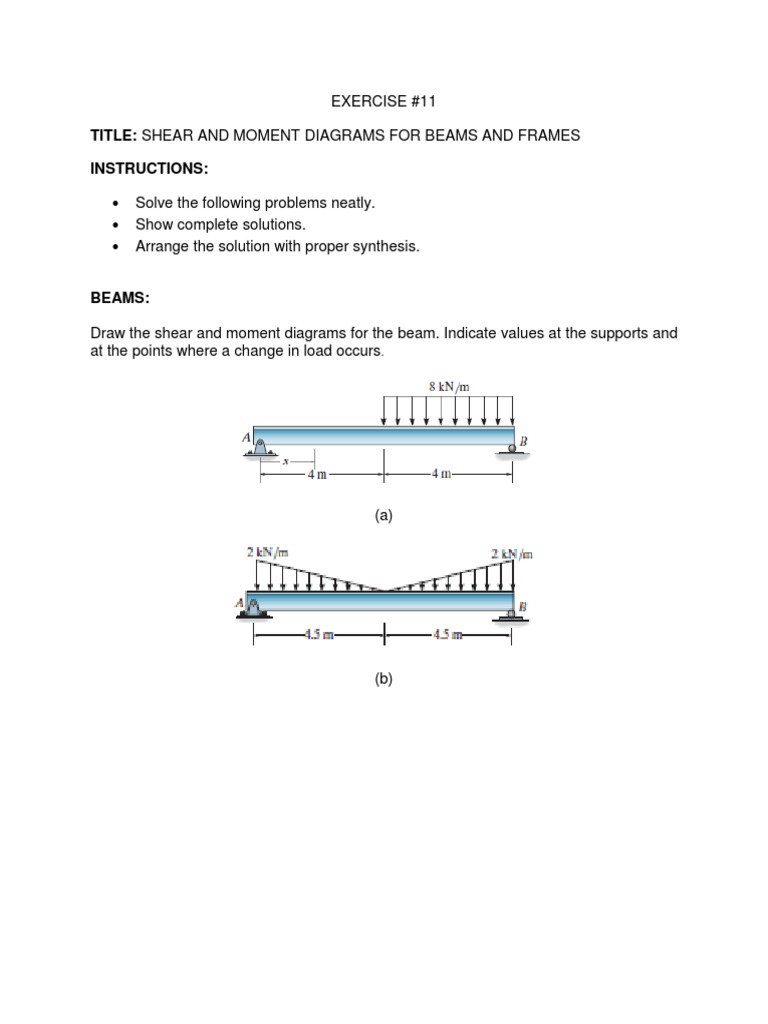 Exercise 11 Shear and Moment Diagrams For Beams and Frames | PDF