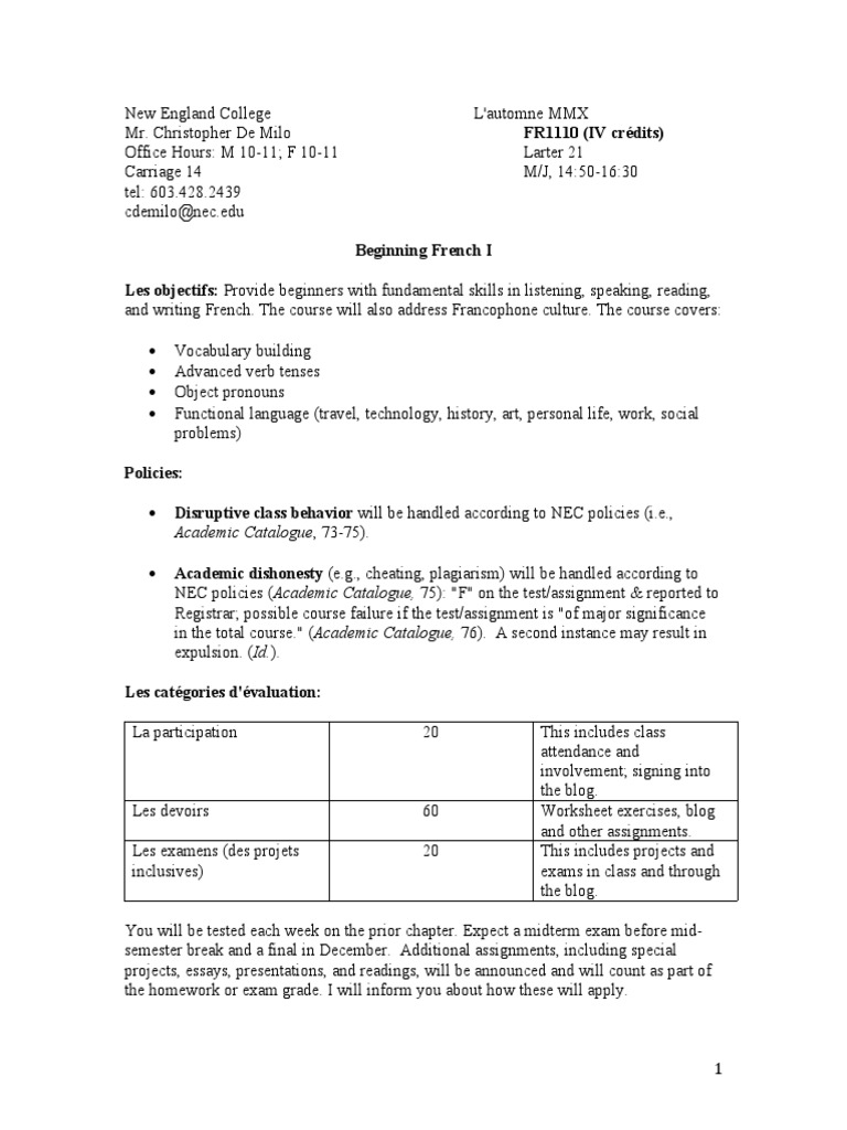 French 1110 Syllabus | PDF | Academic Dishonesty | Communication