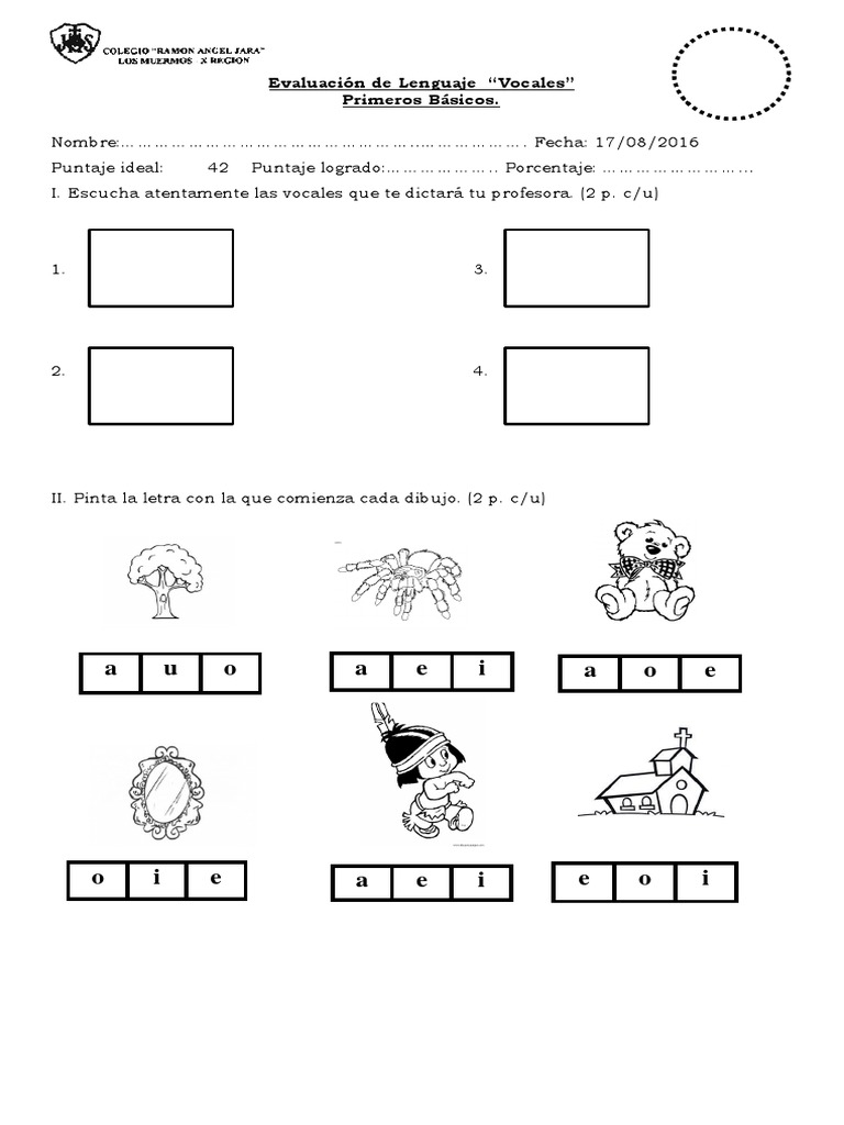Evaluación de Vocales para Primeros Básicos | PDF
