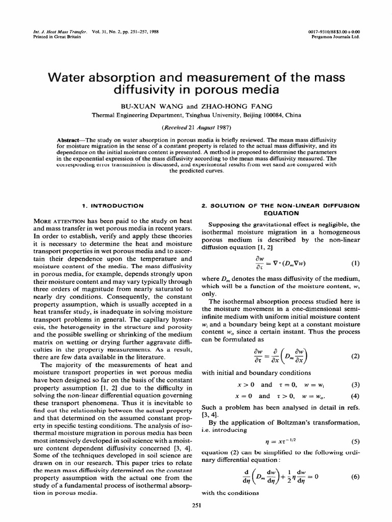 Water Absorption and Measurement of The Mass Diffusivity in Porous ...