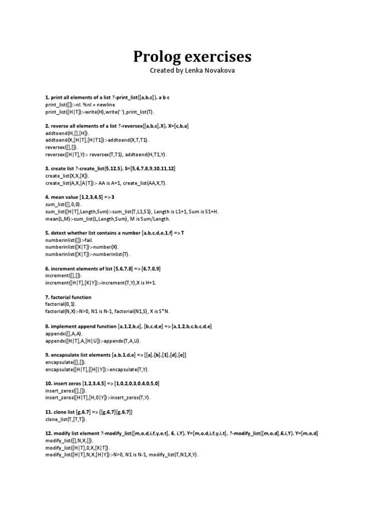 Prolog List and Algorithm Exercises | PDF