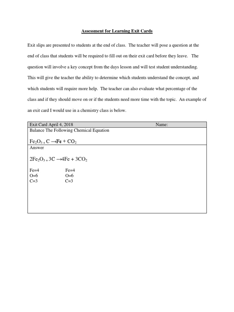 Assessment For Learning Exit Card | PDF | Understanding | Cognition