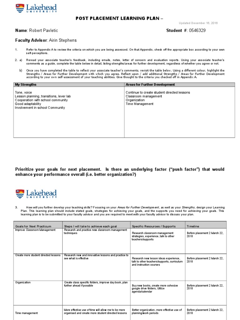 Post Placement Learning Plan 1 | PDF | Classroom Management | Teachers