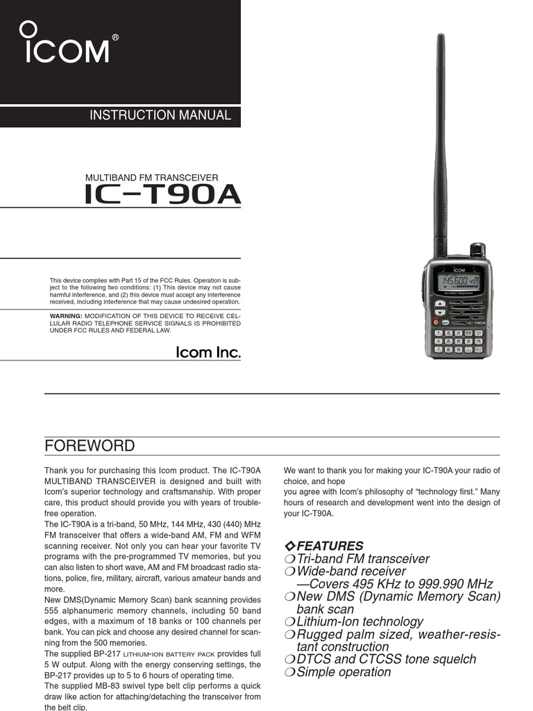 Icom IC-T90A Instruction Manual | PDF | Power Supply | Electricity