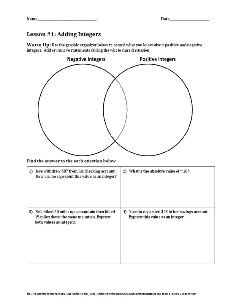 Lesson 1-3 Adding Subtracting Integers Worksheets | PDF | Subtraction ...