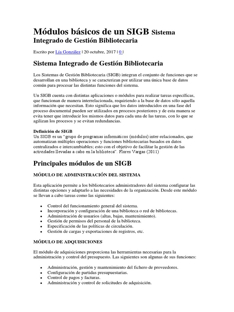 Módulos Básicos de Un SIGB Sistema Integrado de Gestión Bibliotecaria ...