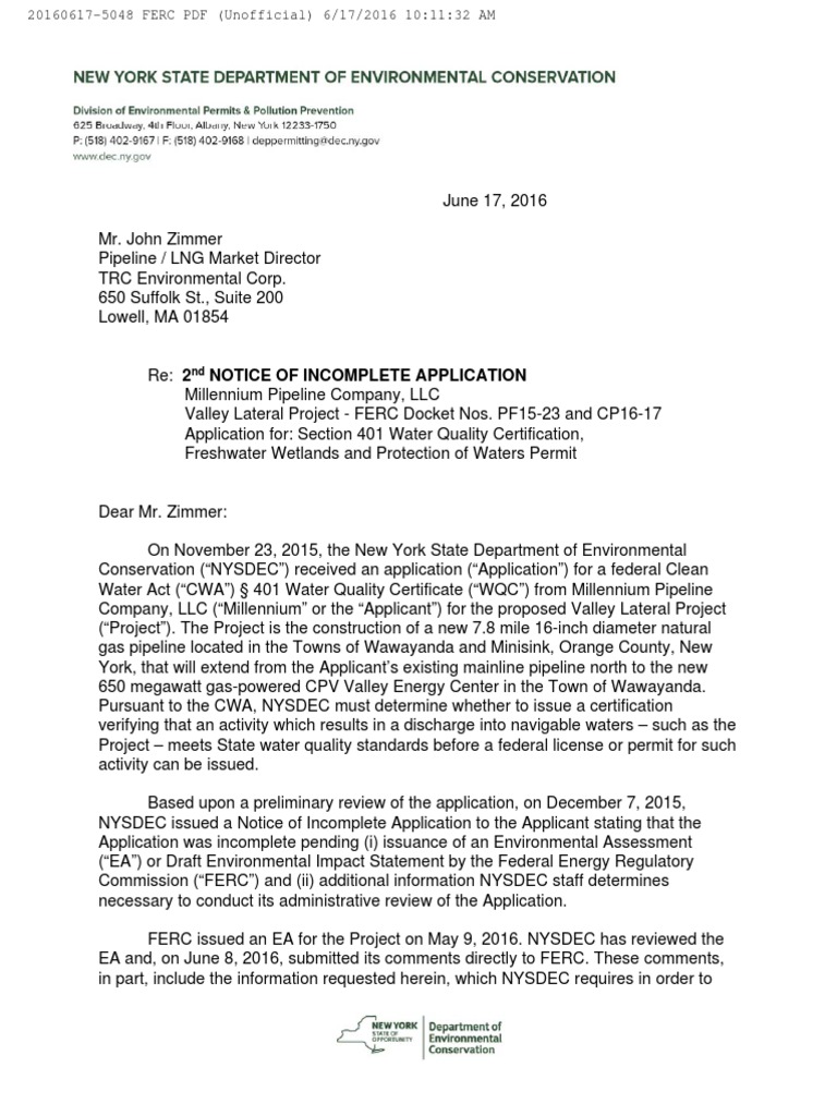 NYSDEC 2nd NOTICE OF INCOMPLETE APPLICATION - VLC - 6-17-2016 | PDF ...