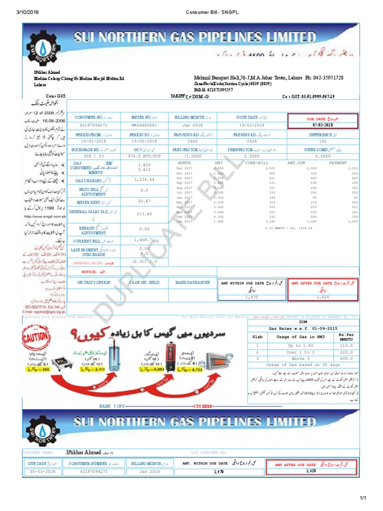 SNGPL Consumer Bill Details | PDF