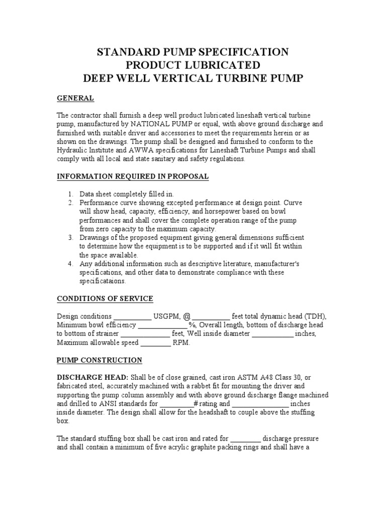 Prod Lube Deep Well Spec | PDF | Bearing (Mechanical) | Pump