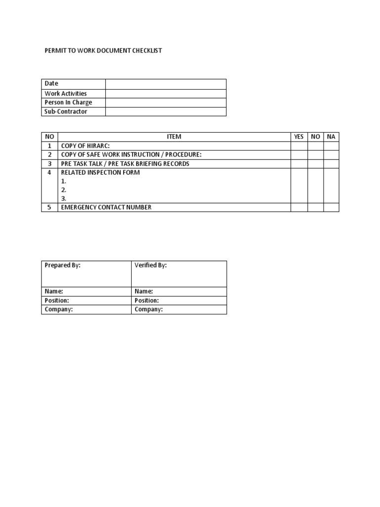 Permit To Work Document Checklist | PDF