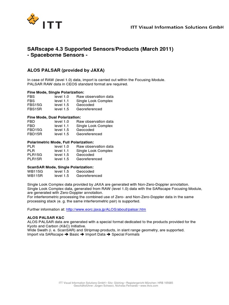 SARscape 4.3 Sensor Support List | PDF | German Aerospace Center ...