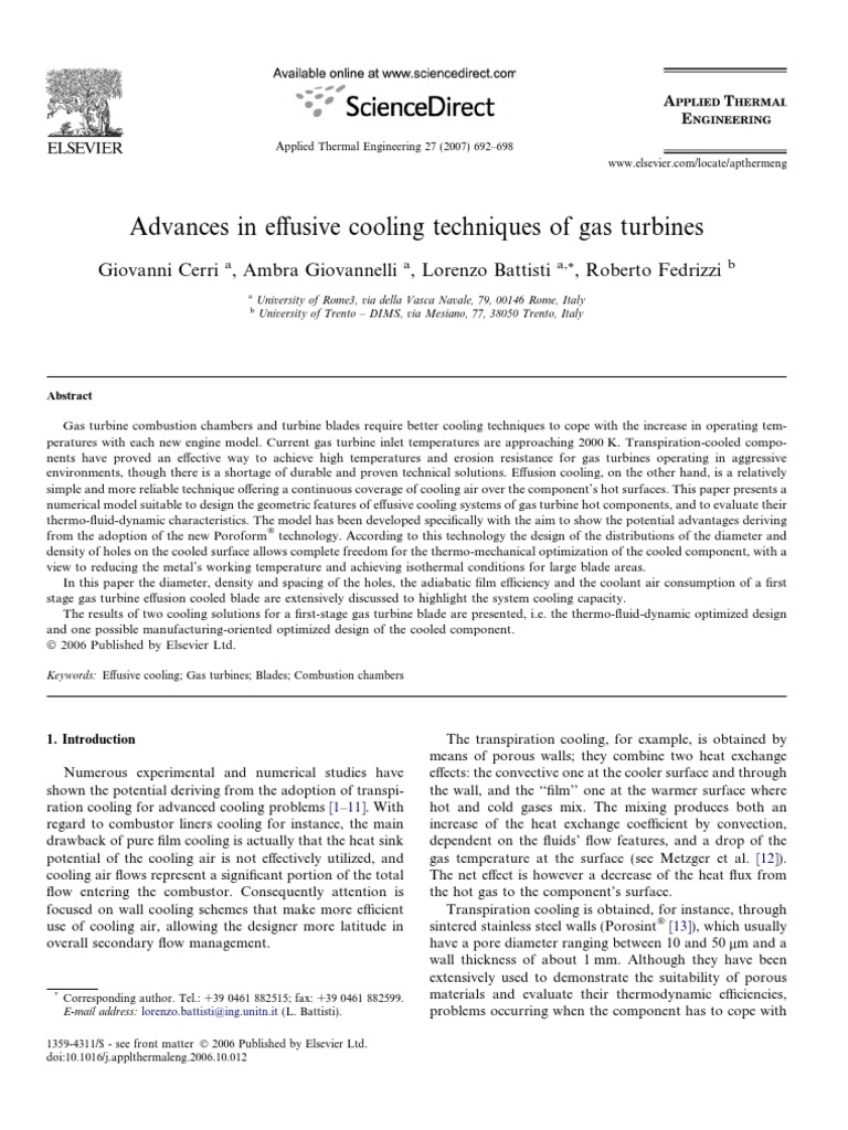 Advances in Effusive Cooling Techniques of Gas Turbines | PDF | Turbine | Gases