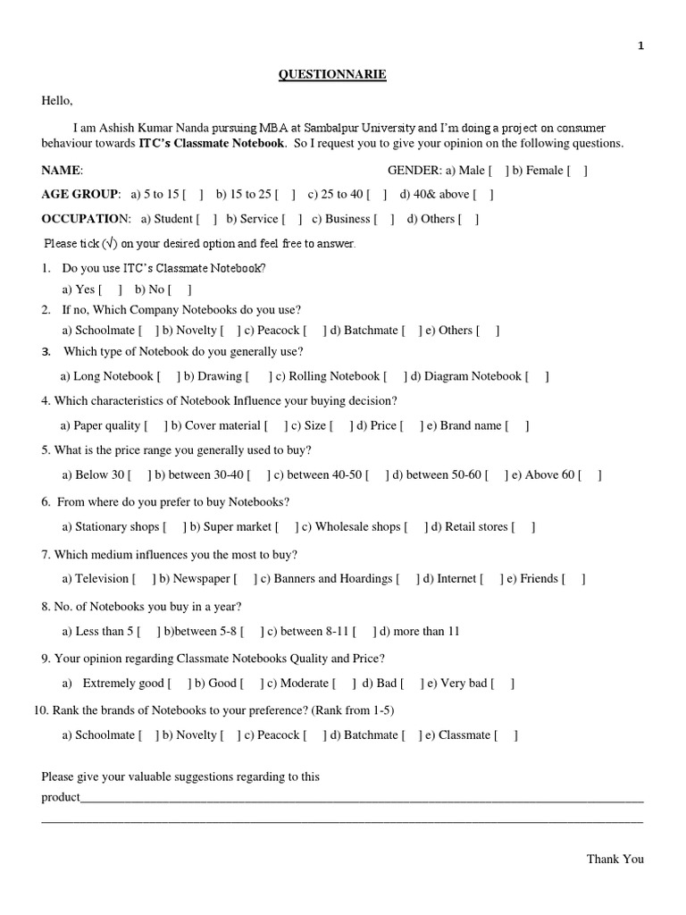 My Classmate FMCG Questionnaire 1 | PDF | Retail | Microeconomics