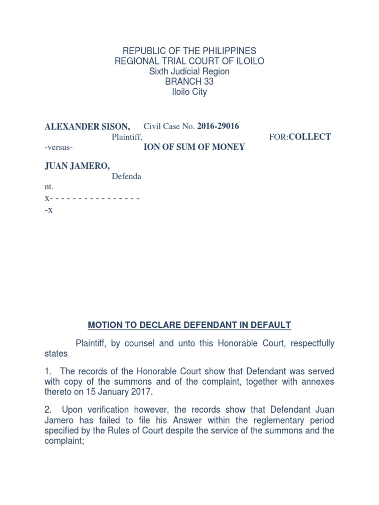 Motion to Declare Defendant in Default | Complaint | Lawsuit | Free 30 ...