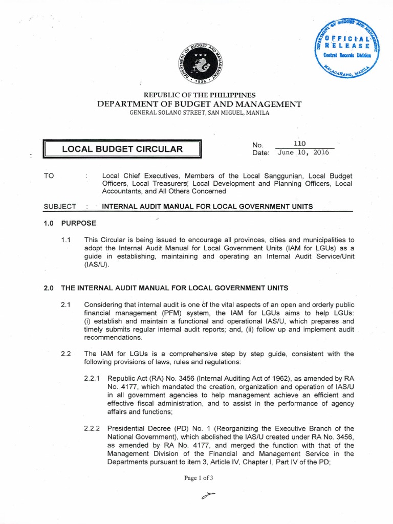 Local Budget Circular No. 110 - Internal Audit Manual for Local ...