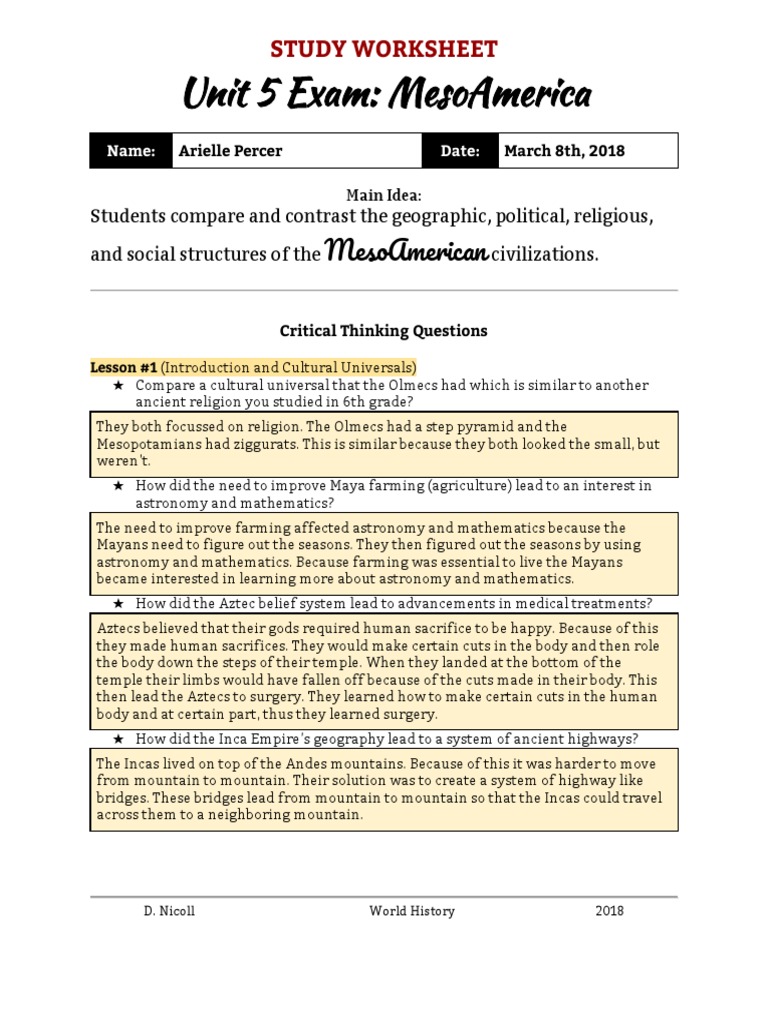 Arielle Percer - Unit 5 Mesoamerica Exam Study Day Worksheet 7th Grade ...