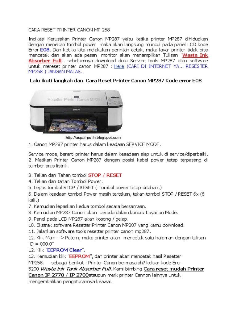 Cara Reset Printer Canon MP 258 | PDF