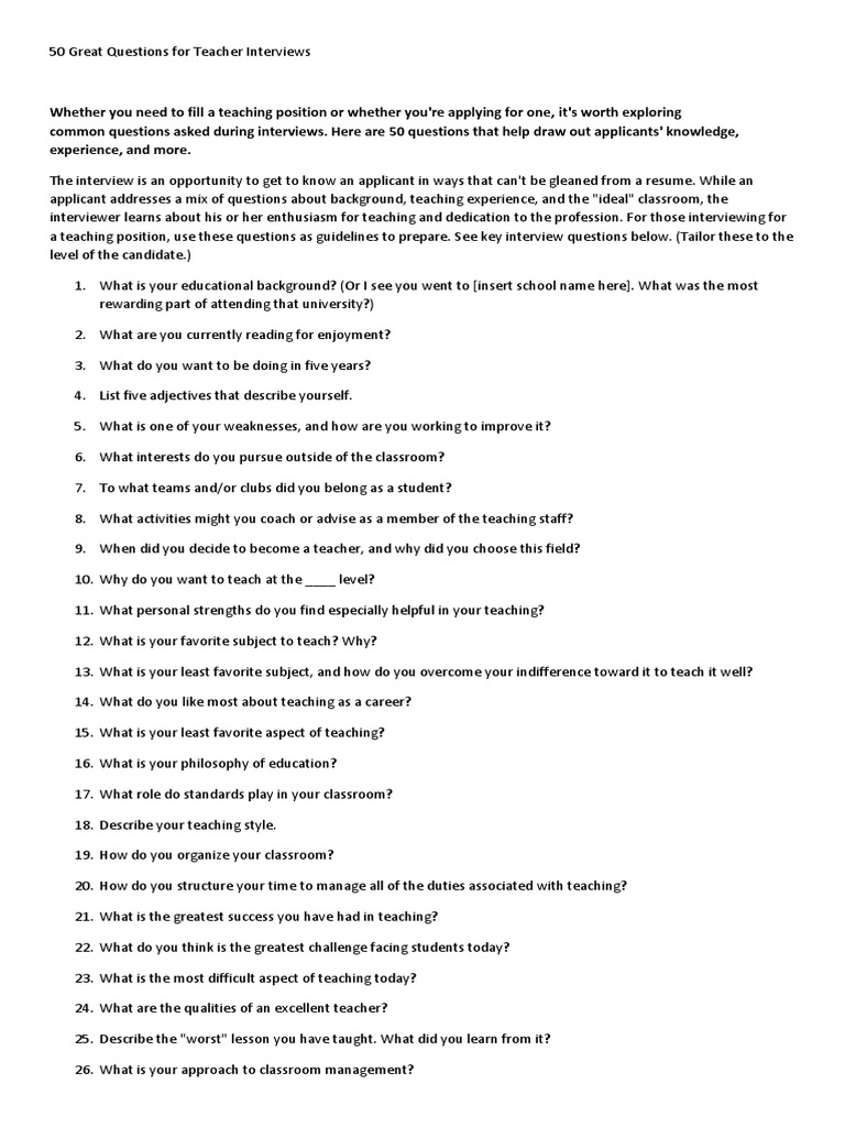 50 Great Questions For Teacher Interviews | PDF | Schools | Teachers