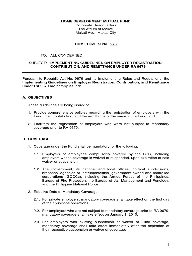 HDMF Circular 275 - Implementing Guidelines On Employer Registration ...