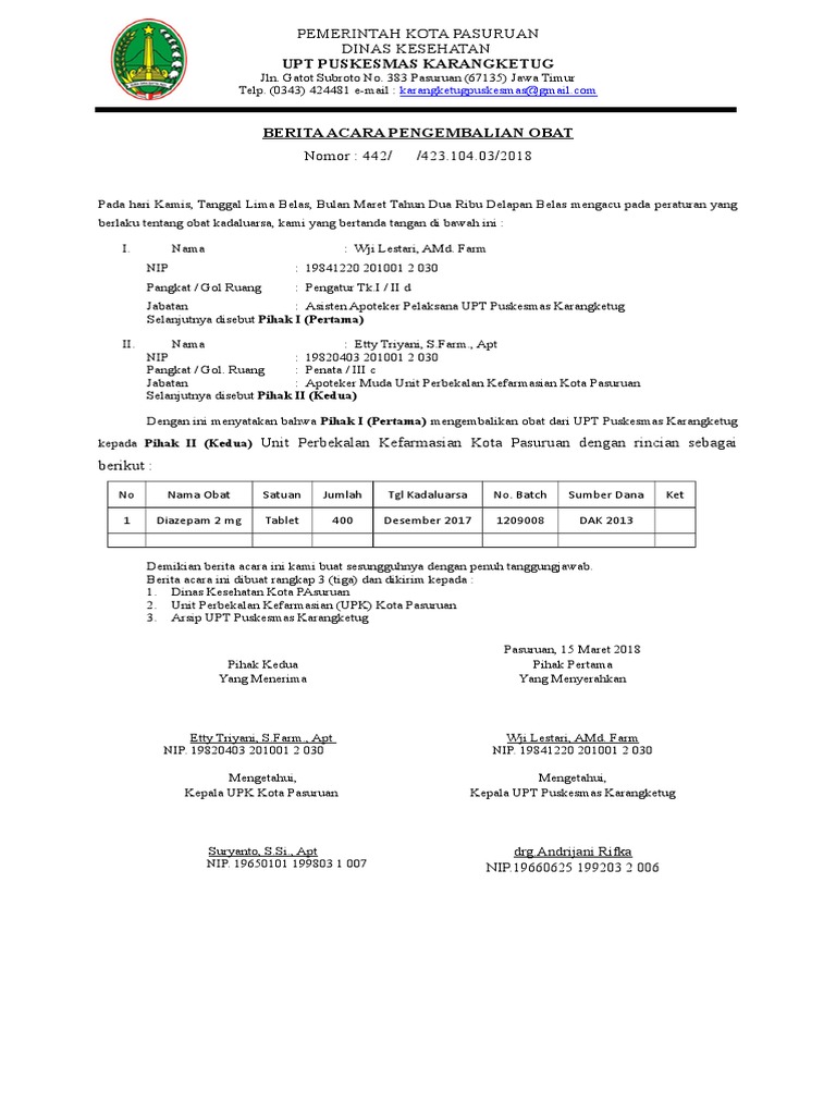 Berita Acara Return Obat | PDF