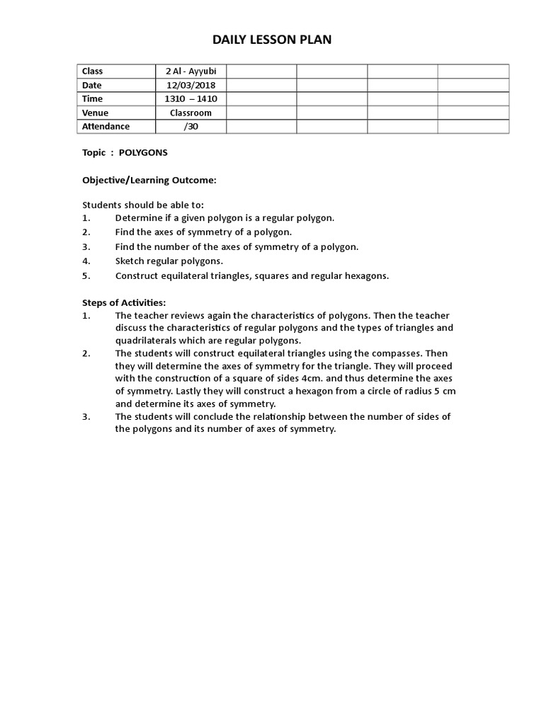 Daily Lesson Plan: Topic: Polygons Objective/Learning Outcome | PDF ...