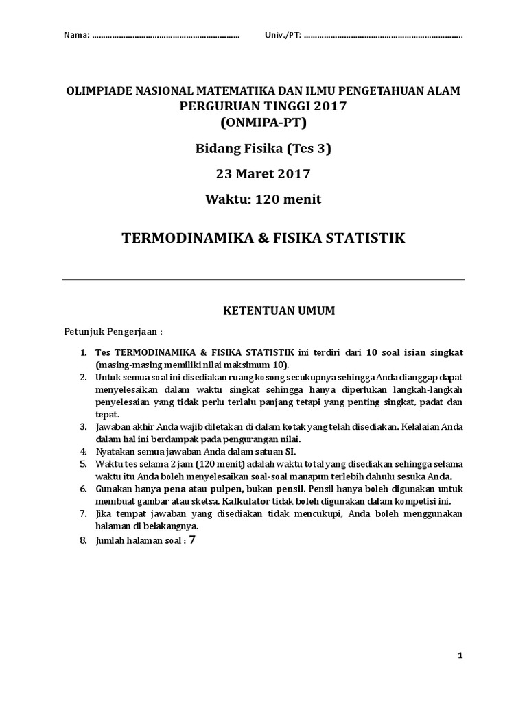 Soal ONMIPA-PT Fisika 2017: Termodinamika | PDF | Sains & Matematika | Teknologi & Rekayasa