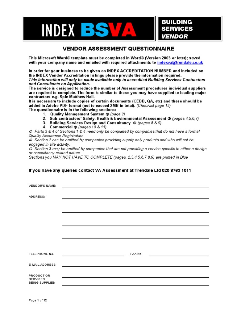 Vendor Assessment Questionnaire | PDF | Occupational Safety And Health ...