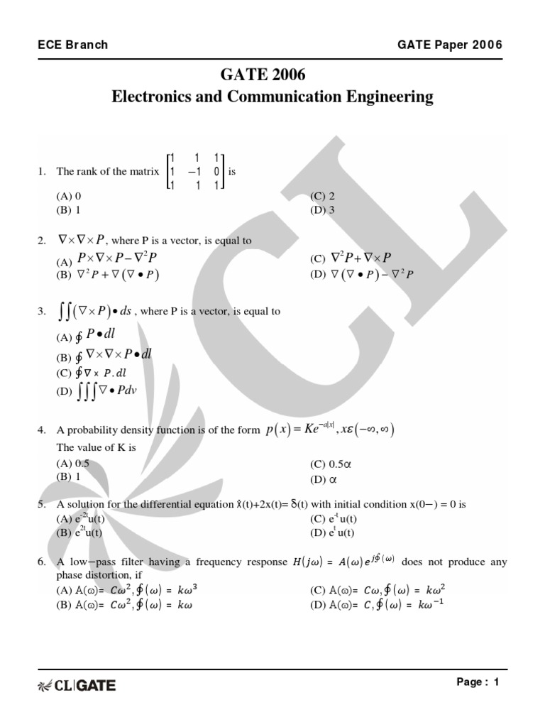 GATE ECE 2006 Actual Paper | PDF | Polarization (Waves) | Sampling ...