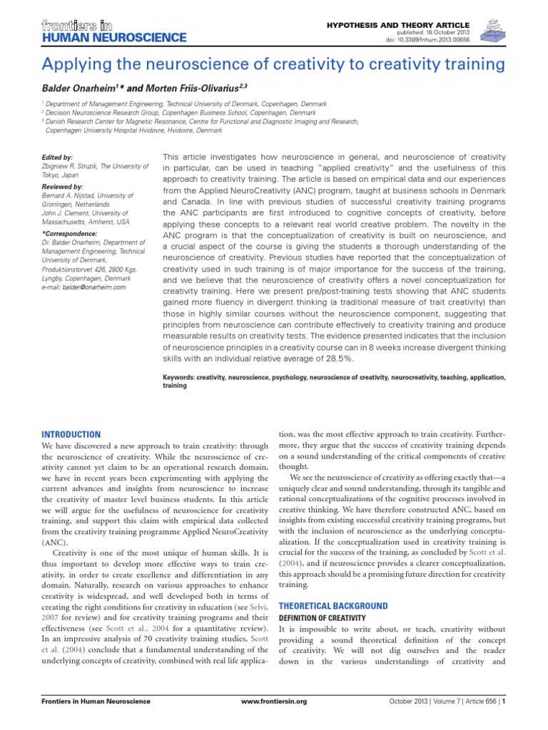 Applying The Neuroscience of Creativity To Creativity Training | PDF | Creativity | Thought