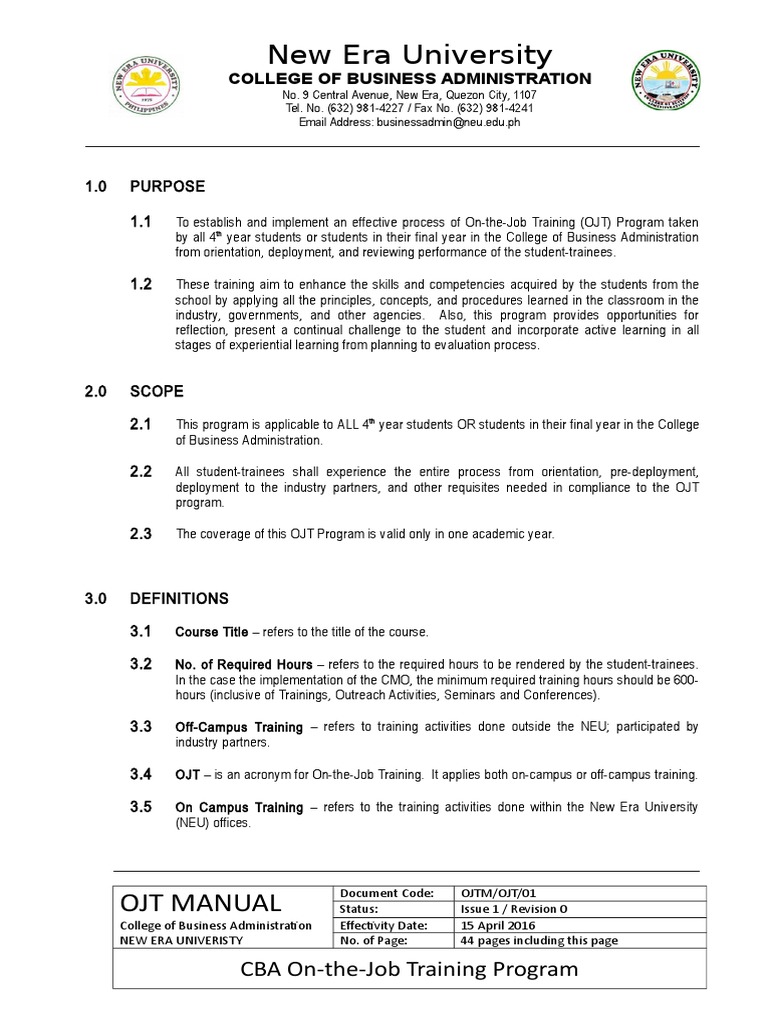 Ojt Guidelines Rules And Regulations 2016 Ojt Program Contents Pdf