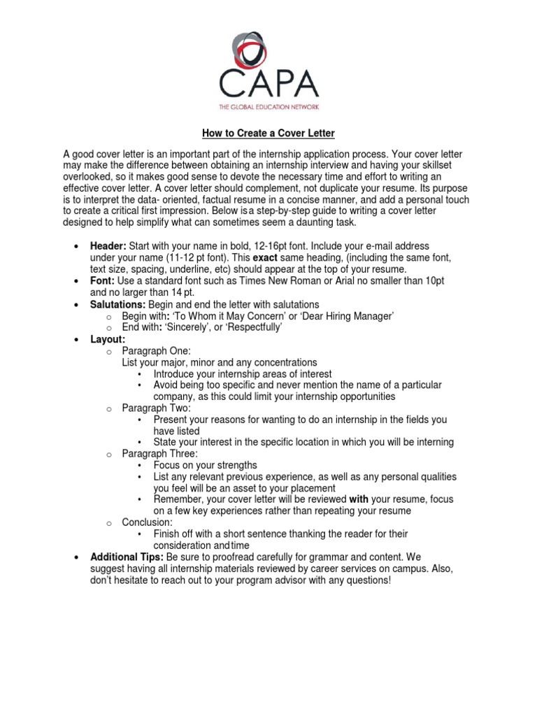 CAPA Cover Letter Tips 7.2017 | PDF | Internship | Job Hunting