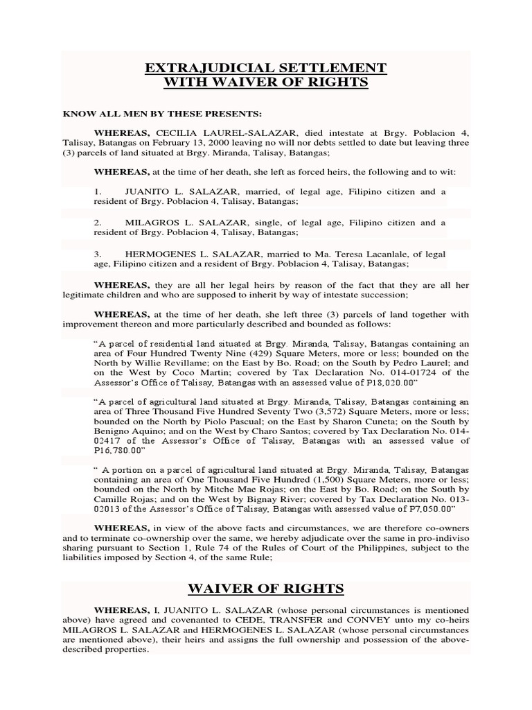 Extrajudicial Settlement With Waiver of Rights | PDF | Common Law | Government